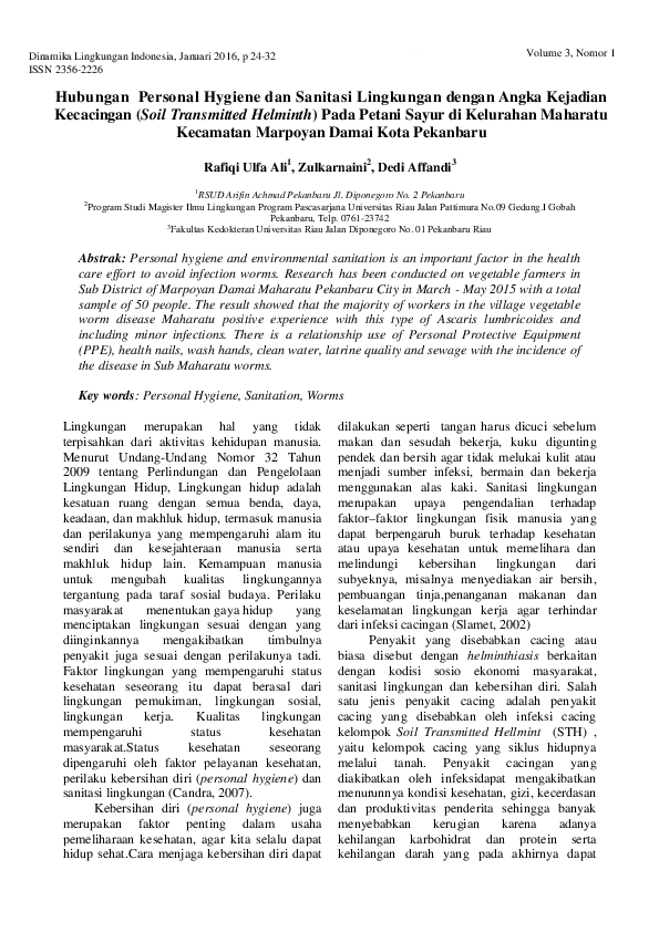 (PDF) Hubungan Personal Hygiene dan Sanitasi Lingkungan dengan Angka Kejadian Kecacingan (Soil ...