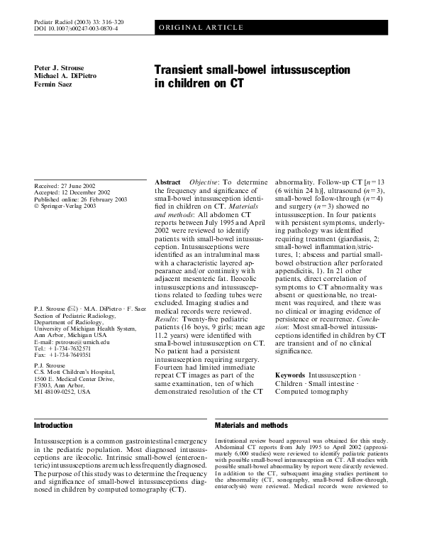 (PDF) Transient small-bowel intussusception in children on CT