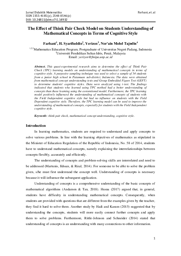 (PDF) The Effect of Think Pair Check Model on Students Understanding of ...