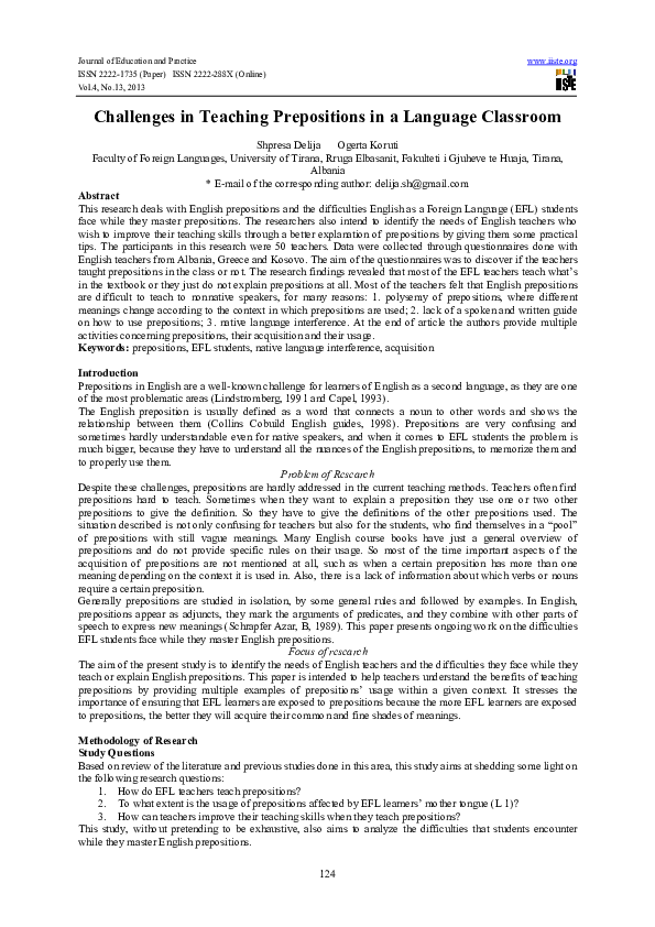 (PDF) Challenges in Teaching Prepositions in a Language Classroom