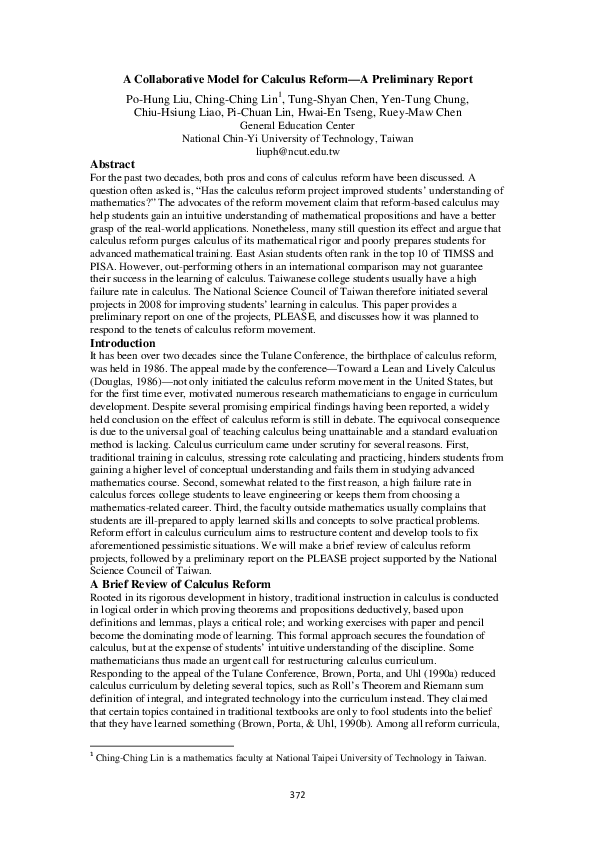 (PDF) A Collaborative Model for Calculus Reform—A Preliminary Report