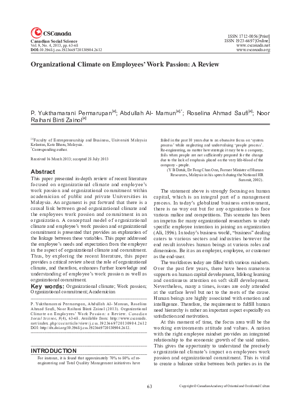 (PDF) Organizational Climate on Employee’s Work Passion: a Review