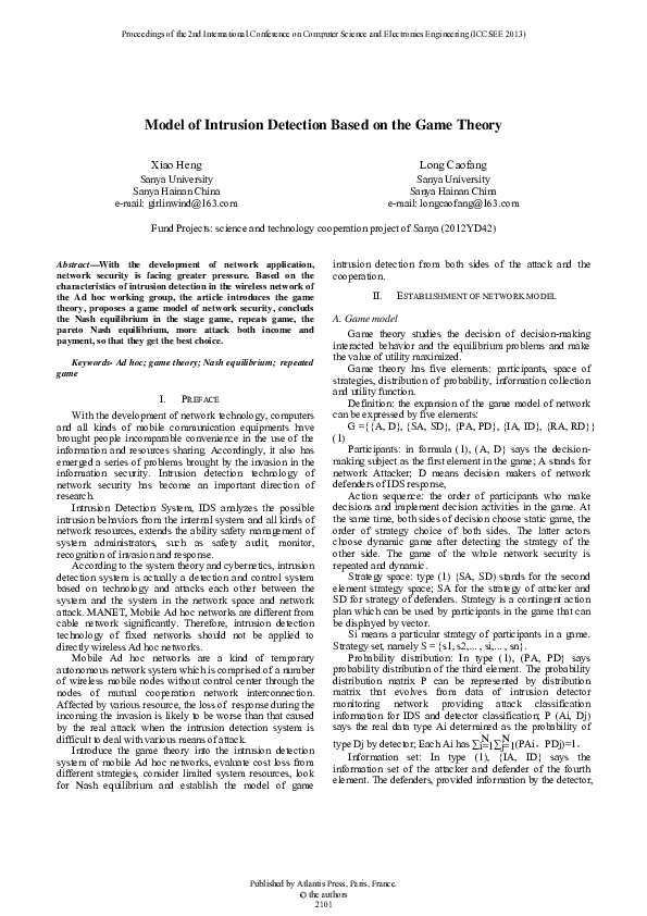 Pdf Model Of Intrusion Detection Based On The Game Theory