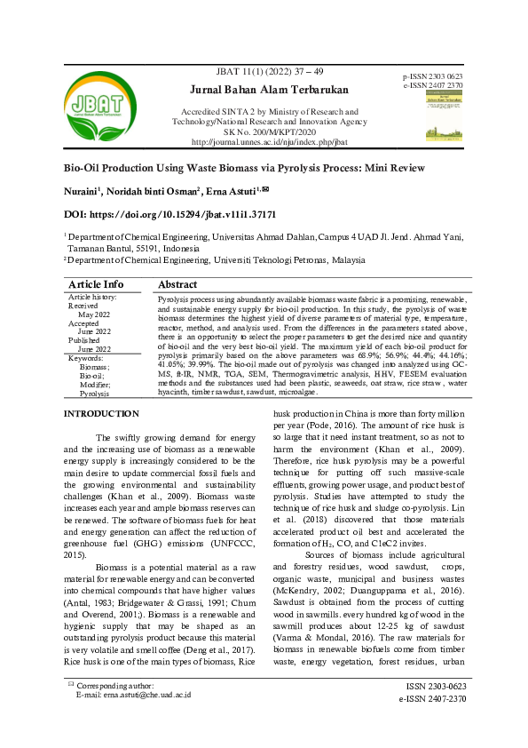 (PDF) Bio-Oil Production Using Waste Biomass via Pyrolysis Process: Mini Review