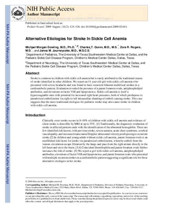(PDF) Stroke in Sickle Cell Anemia: Alternative Etiologies | Zora ...