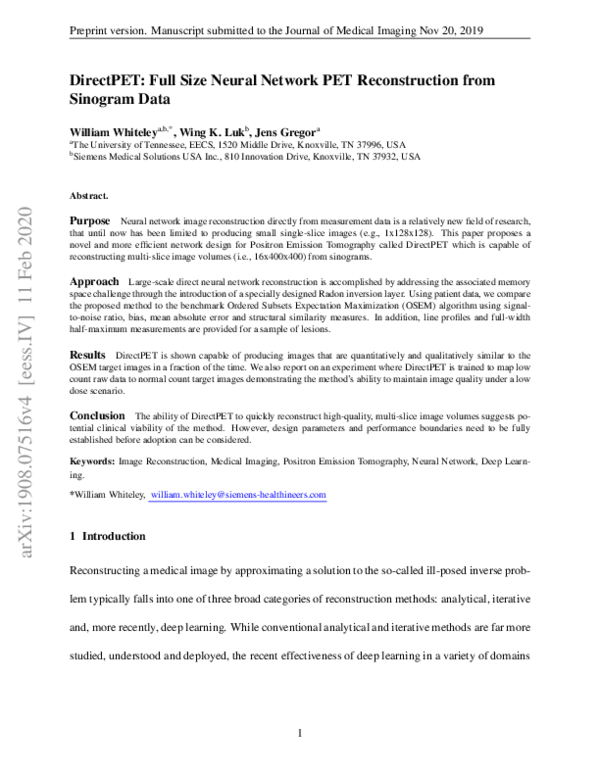 (PDF) DirectPET: full-size neural network PET reconstruction from sinogram data