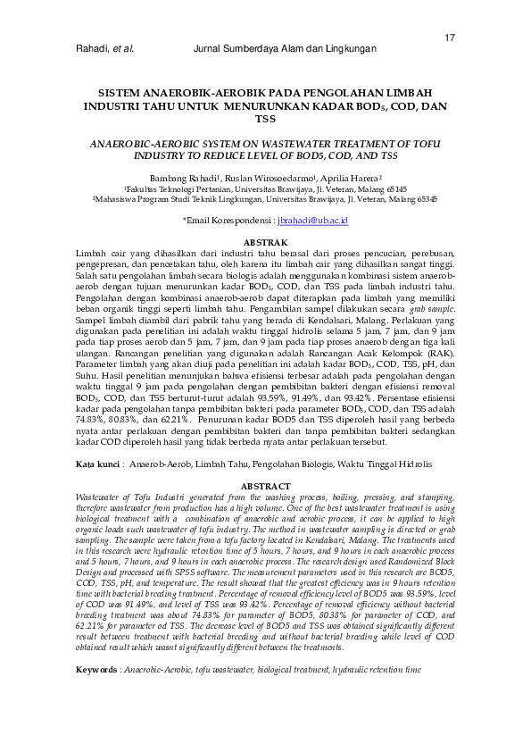 (PDF) Sistem Anaerobik-Aerobik pada Pengolahan Limbah Industri Tahu untuk Menurunkan Kadar BOD5 ...