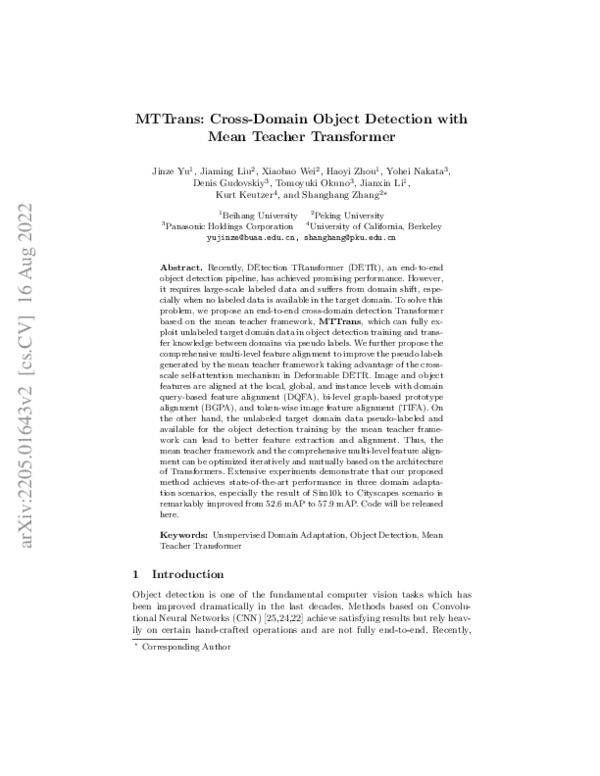 Pdf Mttrans Cross Domain Object Detection With Mean Teacher Transformer