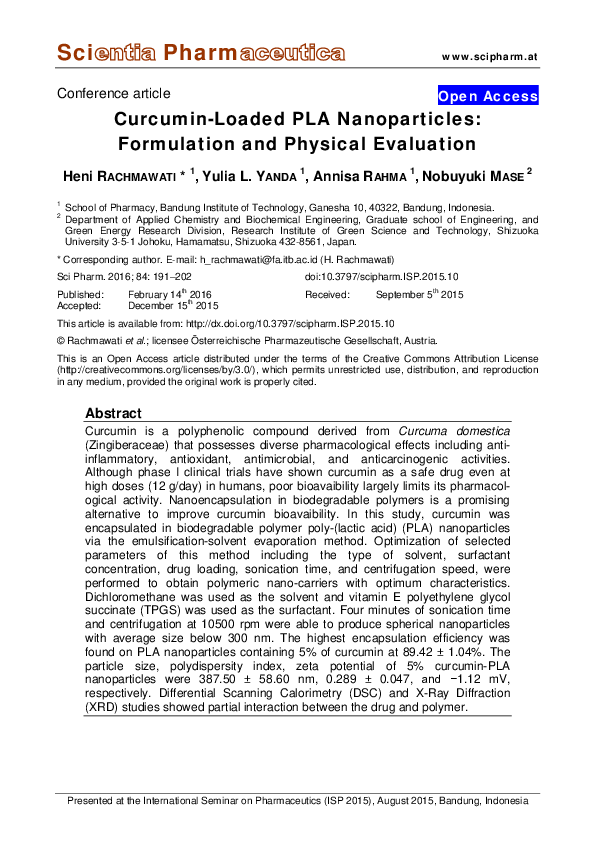 (PDF) Curcumin-Loaded PLA Nanoparticles: Formulation and Physical Evaluation