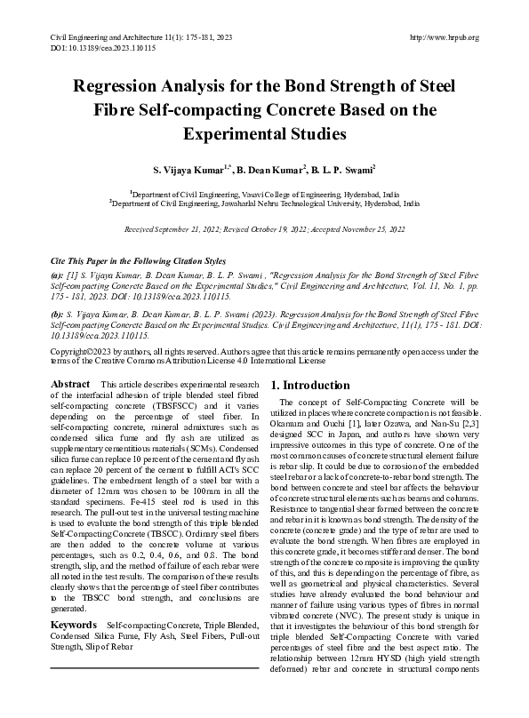 Pdf Regression Analysis For The Bond Strength Of Steel Fibre Self Compacting Concrete Based On