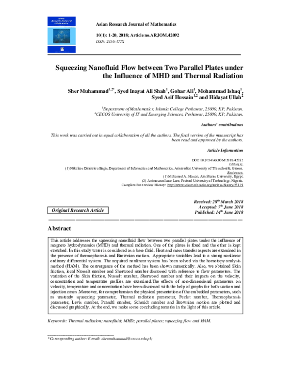 (PDF) Squeezing Nanofluid Flow between Two Parallel Plates under the ...