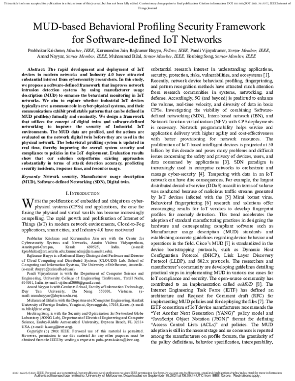 Pdf Mud Based Behavioral Profiling Security Framework For Software Defined Iot Networks