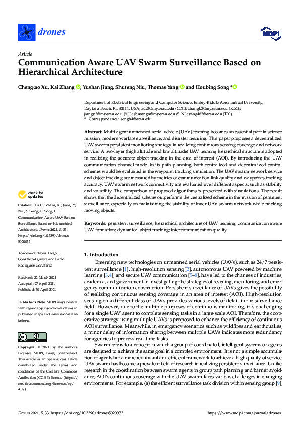 (PDF) Communication Aware UAV Swarm Surveillance Based on Hierarchical Architecture