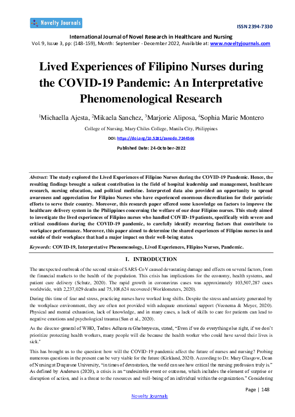 (PDF) Lived Experiences of Filipino Nurses during the COVID-19 Pandemic: An Interpretative ...