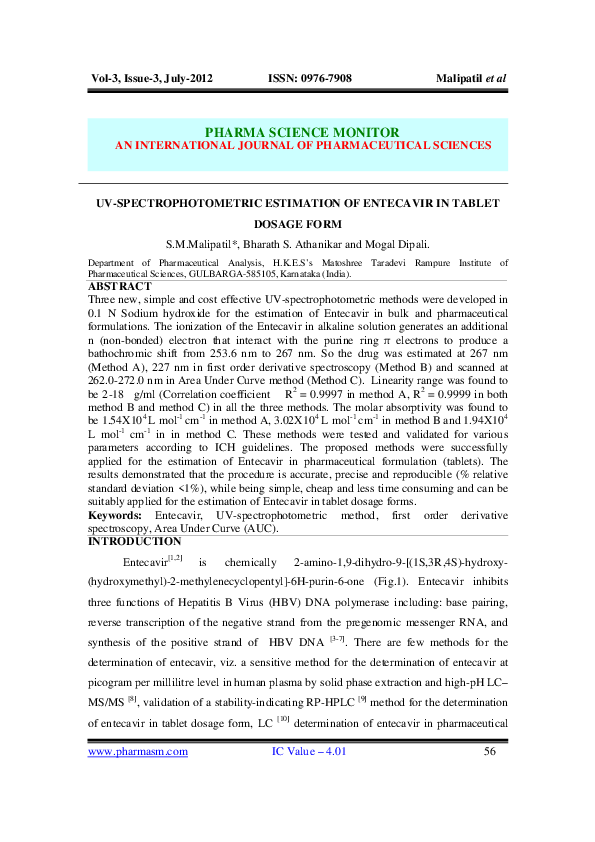 (PDF) Uv-Spectrophotometric Estimation of Entecavir in Tablet Dosage Form
