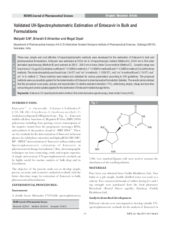 Pdf Validated Uv Spectrophotometric Estimation Of Entecavir In Bulk And Formulations