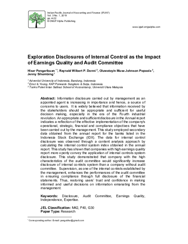 (PDF) Exploration Disclosures of Internal Control as the Impact of ...
