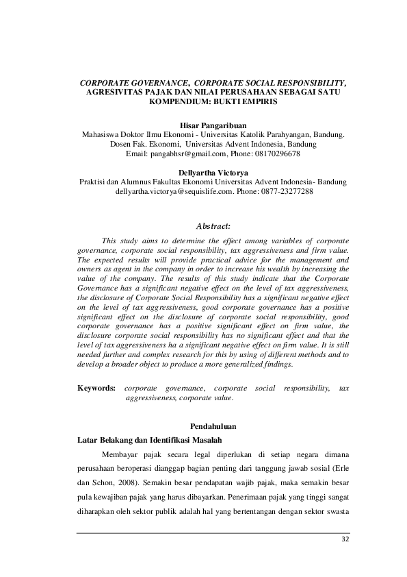 (PDF) Corporate Governance, Corporate Social Responsibility, Agresivitas Pajak Dan Nilai ...