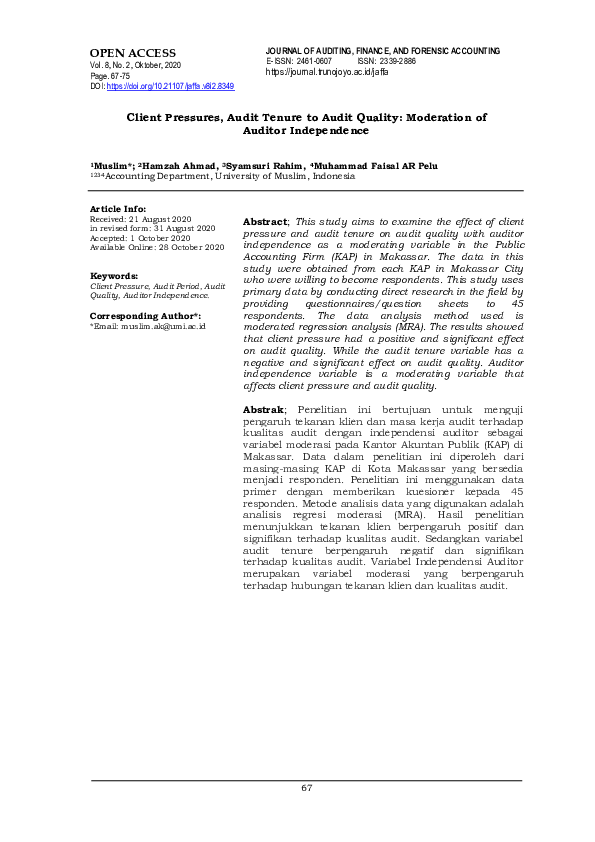 (PDF) Client Pressures, Audit Tenure to Audit Quality: Moderation of Auditor Independence ...