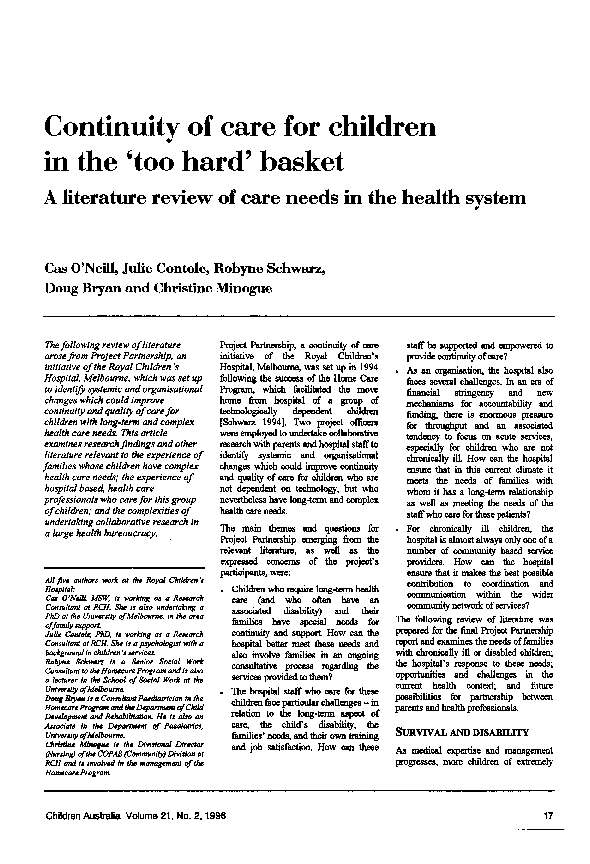 (PDF) Continuity of care for children in the ‘too hard’ basket: a ...