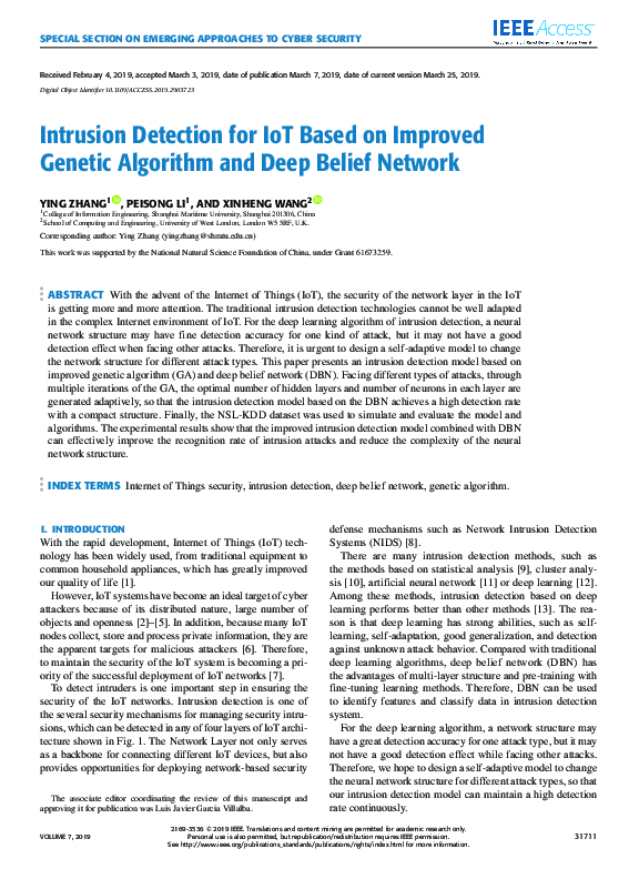 (PDF) Intrusion Detection for IoT Based on Improved Genetic Algorithm and Deep Belief Network