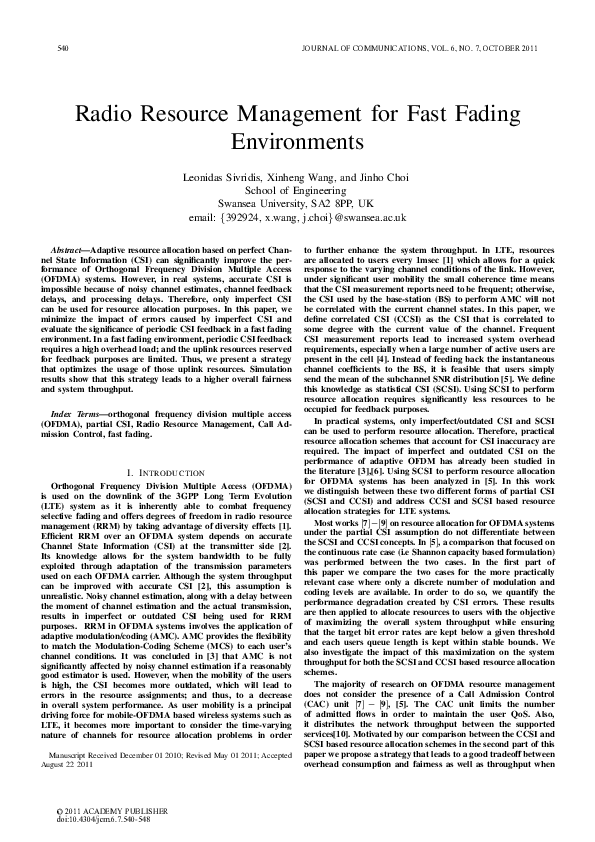 (PDF) Radio Resource Management for Fast Fading Environments