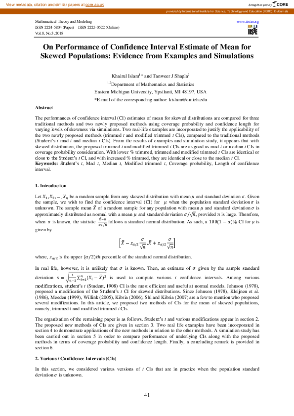 (PDF) On Performance of Confidence Interval Estimate of Mean for Skewed Populations: Evidence ...