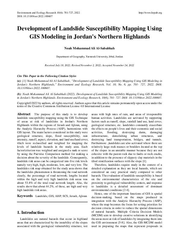 (PDF) Development of Landslide Susceptibility Mapping Using GIS Modeling in Jordan's Northern ...