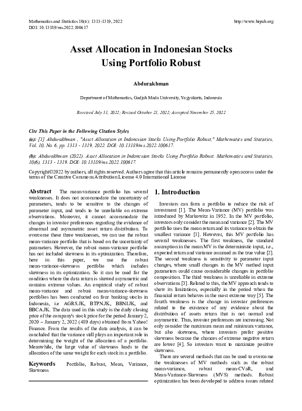 (PDF) Asset Allocation in Indonesian Stocks Using Portfolio Robust
