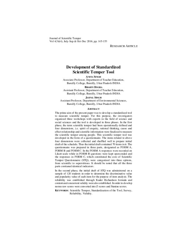 (PDF) Development of Standardized Scientific Temper Tool