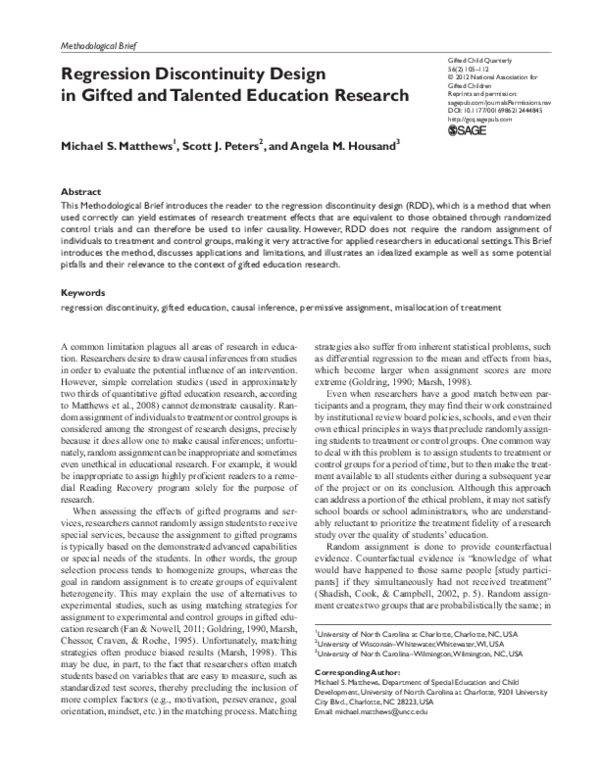 (PDF) Regression Discontinuity Design in Gifted and Talented Education Research