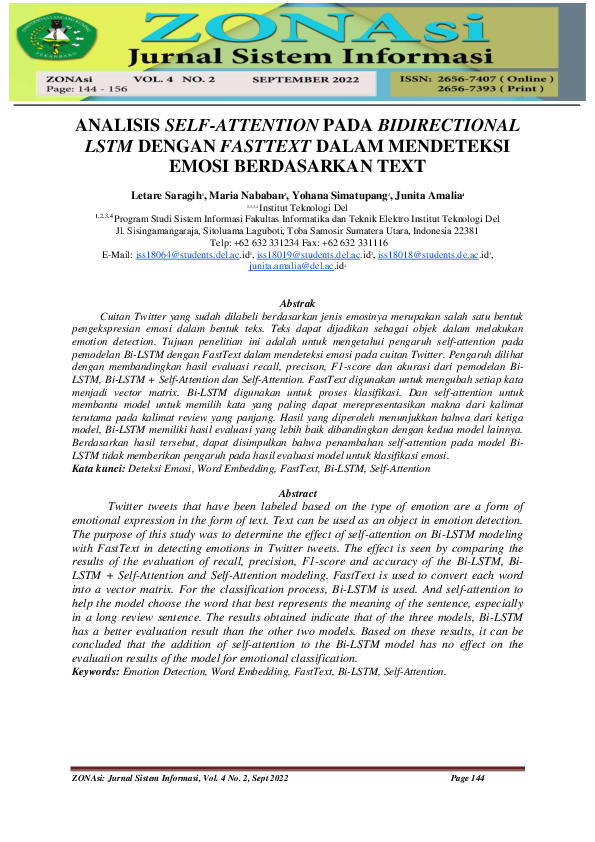 Pdf Analisis Self Attention Pada Bi Directional Lstm Dengan Fasttext Dalam Mendeteksi Emosi