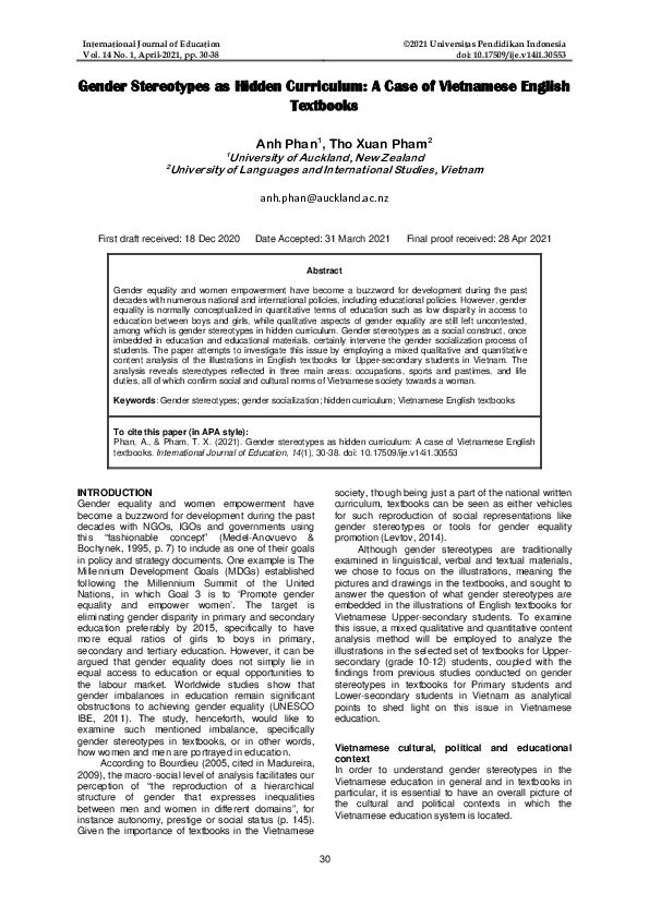 Pdf Gender Stereotypes As Hidden Curriculum A Case Of Vietnamese English Textbooks
