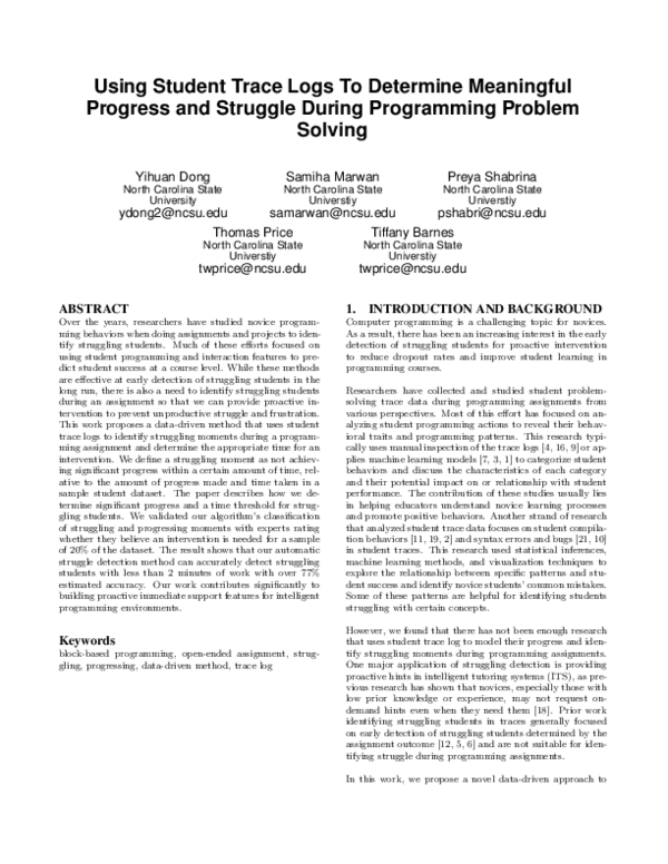 (PDF) Using Student Trace Logs To Determine Meaningful Progress and Struggle During Programming ...