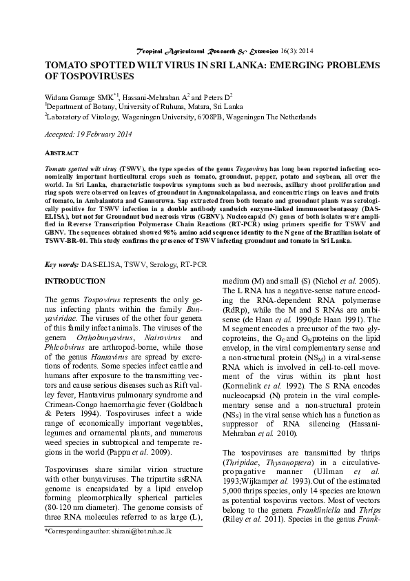 (PDF) Tomato spotted wilt virus in Sri Lanka : emerging problems of ...