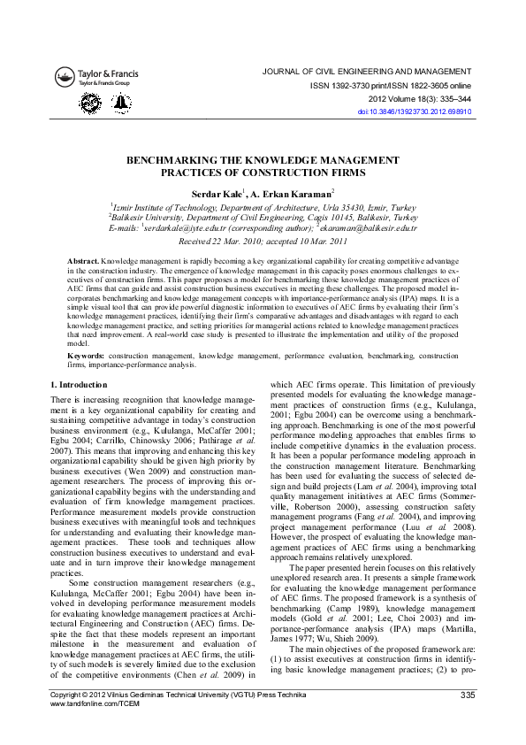(PDF) Benchmarking the Knowledge Management Practices of Construction Firms