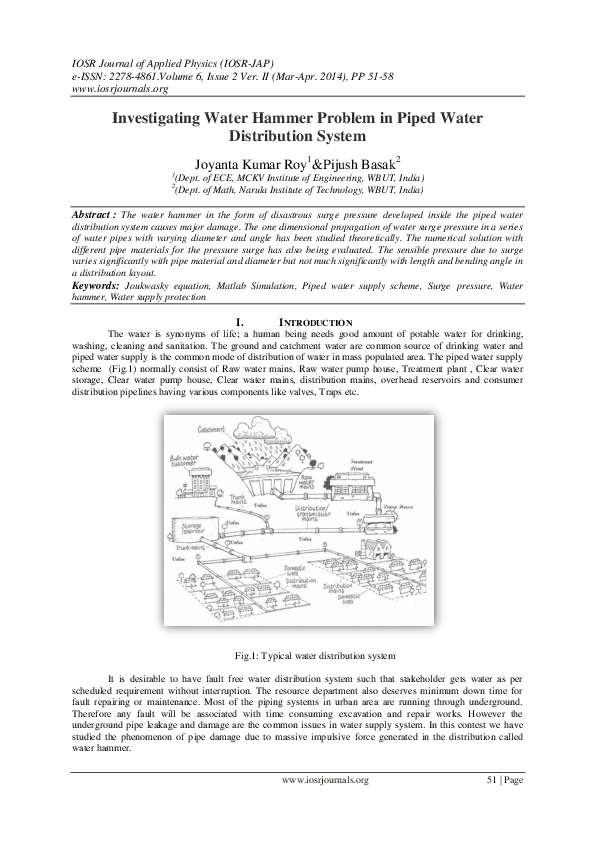 (PDF) Investigating Water Hammer Problem in Piped Water Distribution System (PDF) Investigating Water Hammer Problem in Piped Water Distribution System