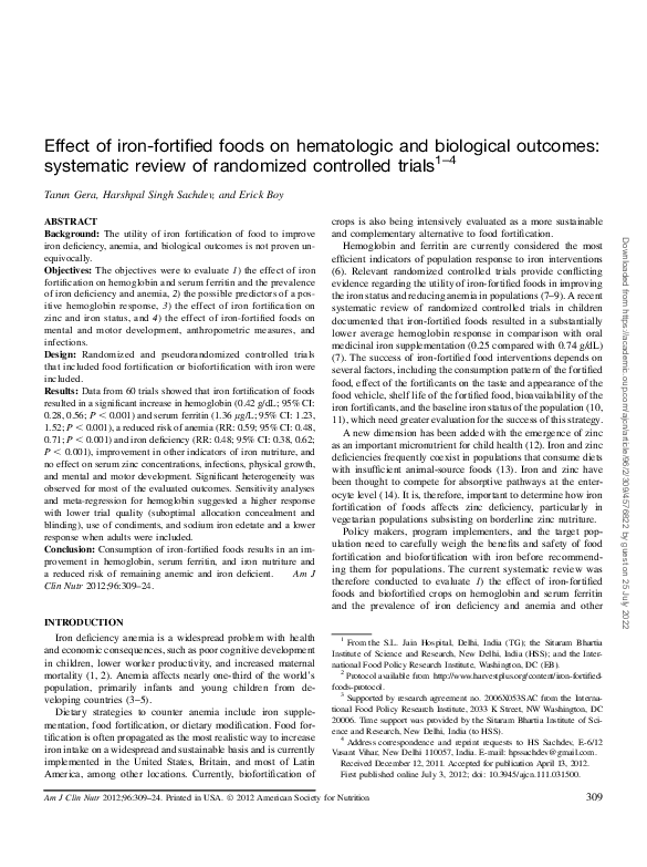 (PDF) Effect of iron-fortified foods on hematologic and biological ...