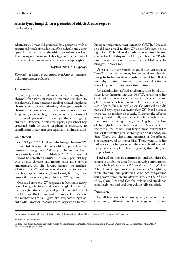 (PDF) Acute lymphangitis in a preschool child: A case report | LOH YONG SENG - Academia.edu