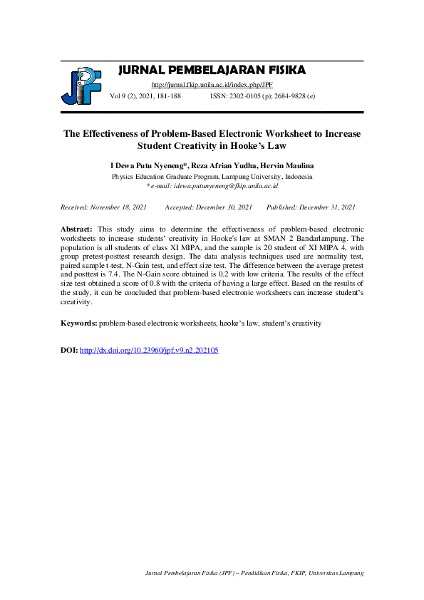 (PDF) The Effectiveness of Problem-Based Electronic Worksheet to Increase Student Creativity in ...