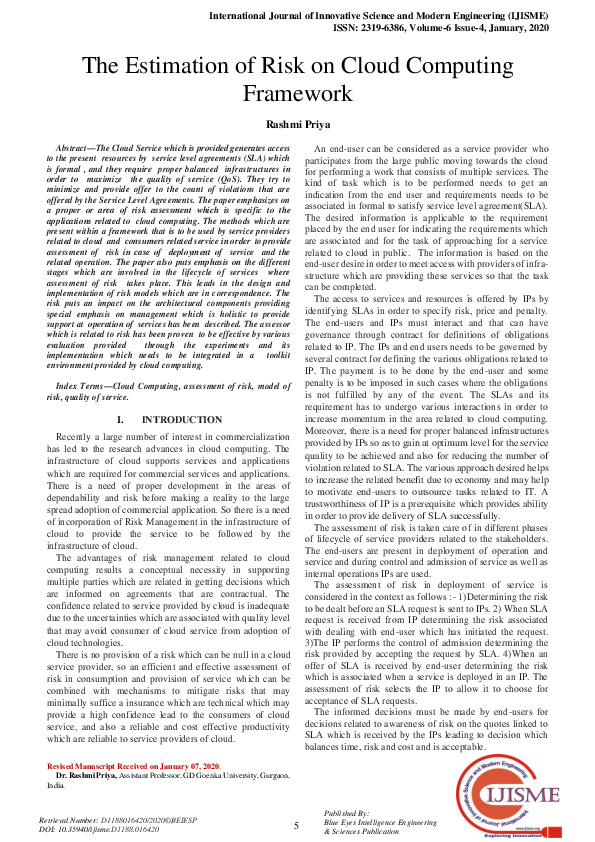 (PDF) The Estimation of Risk on Cloud Computing Framework