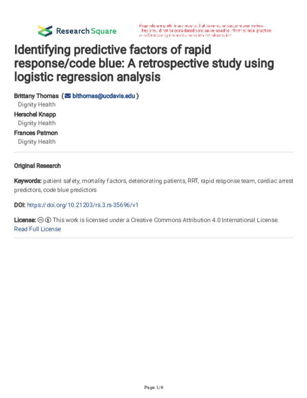 (PDF) Identifying predictive factors of rapid response/code blue: A retrospective study using ...