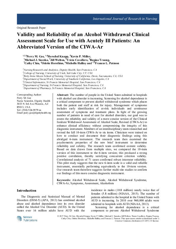 (PDF) Validity and Reliability of an Alcohol Withdrawal Clinical ...