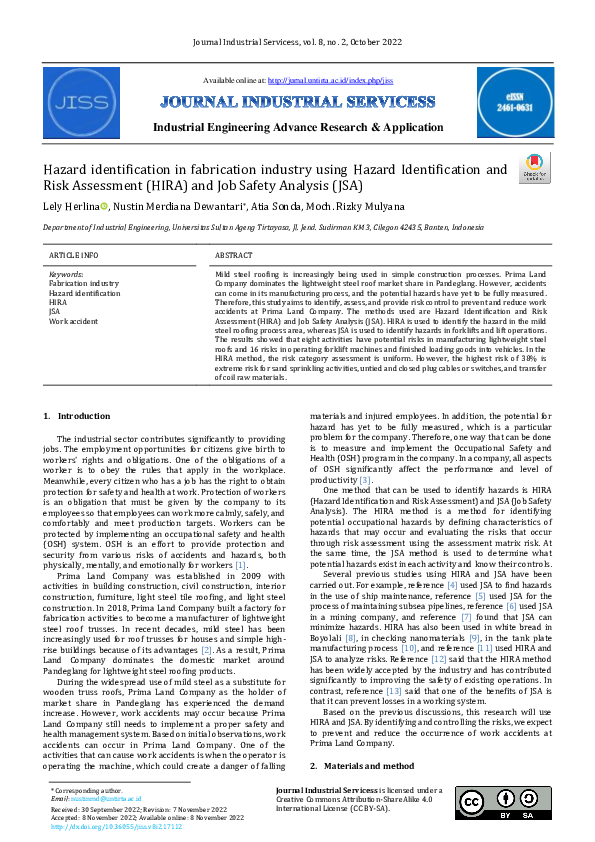 (PDF) Hazard identification in fabrication industry using Hazard Identification and Risk ...