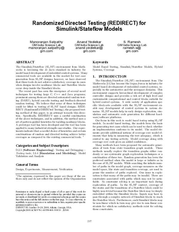 Pdf Randomized Directed Testing Redirect For Simulink Stateflow Models Manoranjan Satpathy