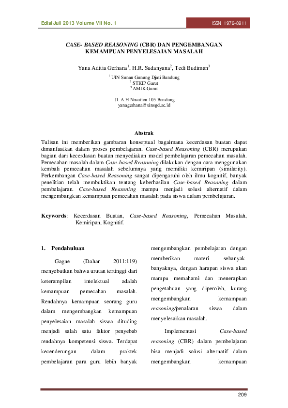 (PDF) Case- Based Reasoning (CBR) Dan Pengembangan Kemampuan Penyelesaian Masalah