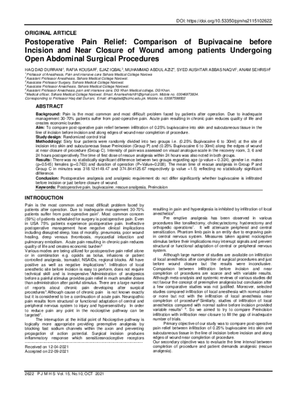 (PDF) Postoperative Pain Relief: Comparison of Bupivacaine before ...