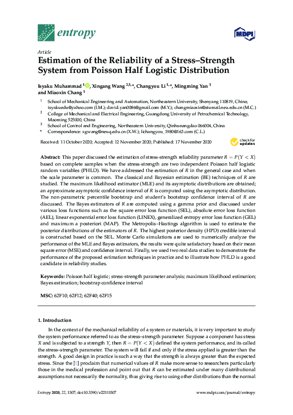 Pdf Estimation Of The Reliability Of A Stress Strength System From Poisson Half Logistic