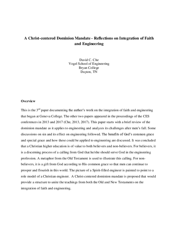 (PDF) A Christ-centered Dominion Mandate -Reflections on Integration of ...