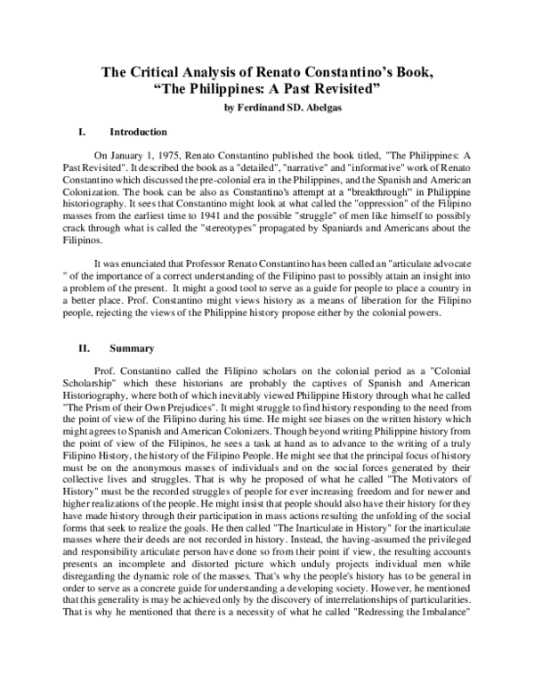 (PDF) The Critical Analysis of Renato Constantino's Book, "The Philippines: A Past Revisited"